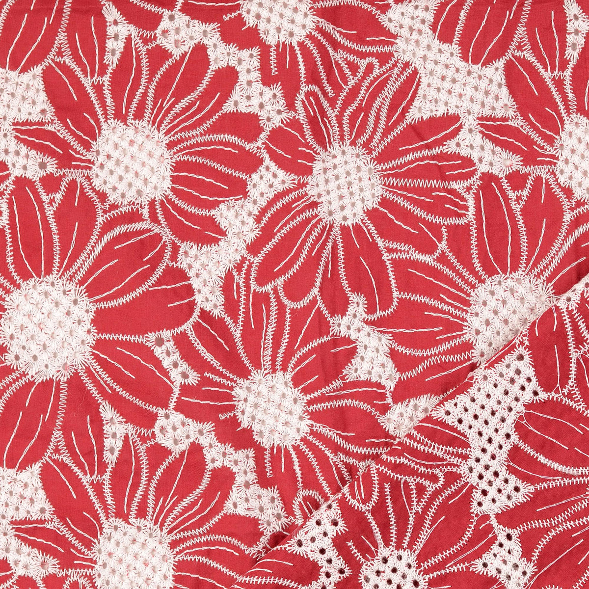 Scalloped Flowers Embroidered Cotton Fabric in Red – Lamazi Fabrics