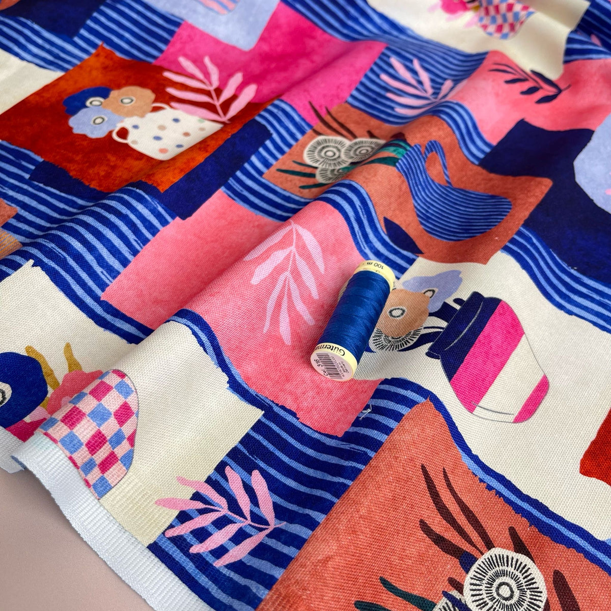 Tossed Vases in Cobalt and Pink Cotton Canvas Fabric – Lamazi Fabrics