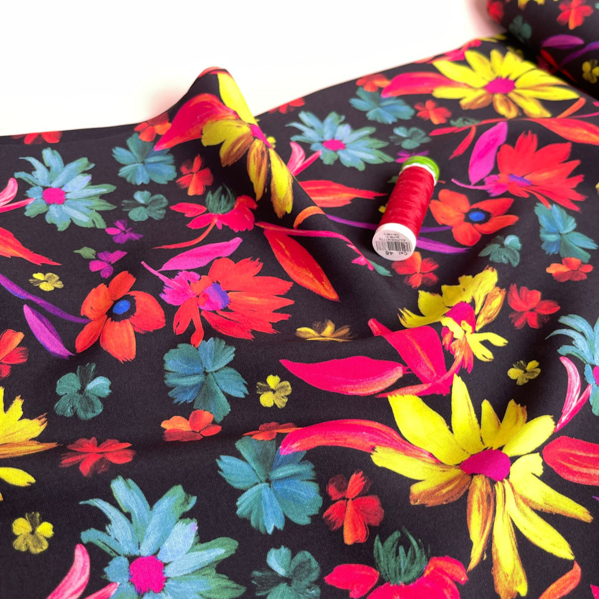 Dopamine Flowers on Black Viscose Fabric – Lamazi Fabrics