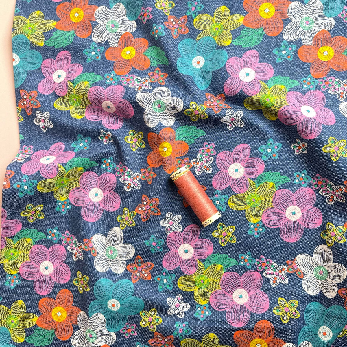 REMNANT 1.10 Metres - Spring Flowers 4.5oz Cotton Denim – Lamazi Fabrics