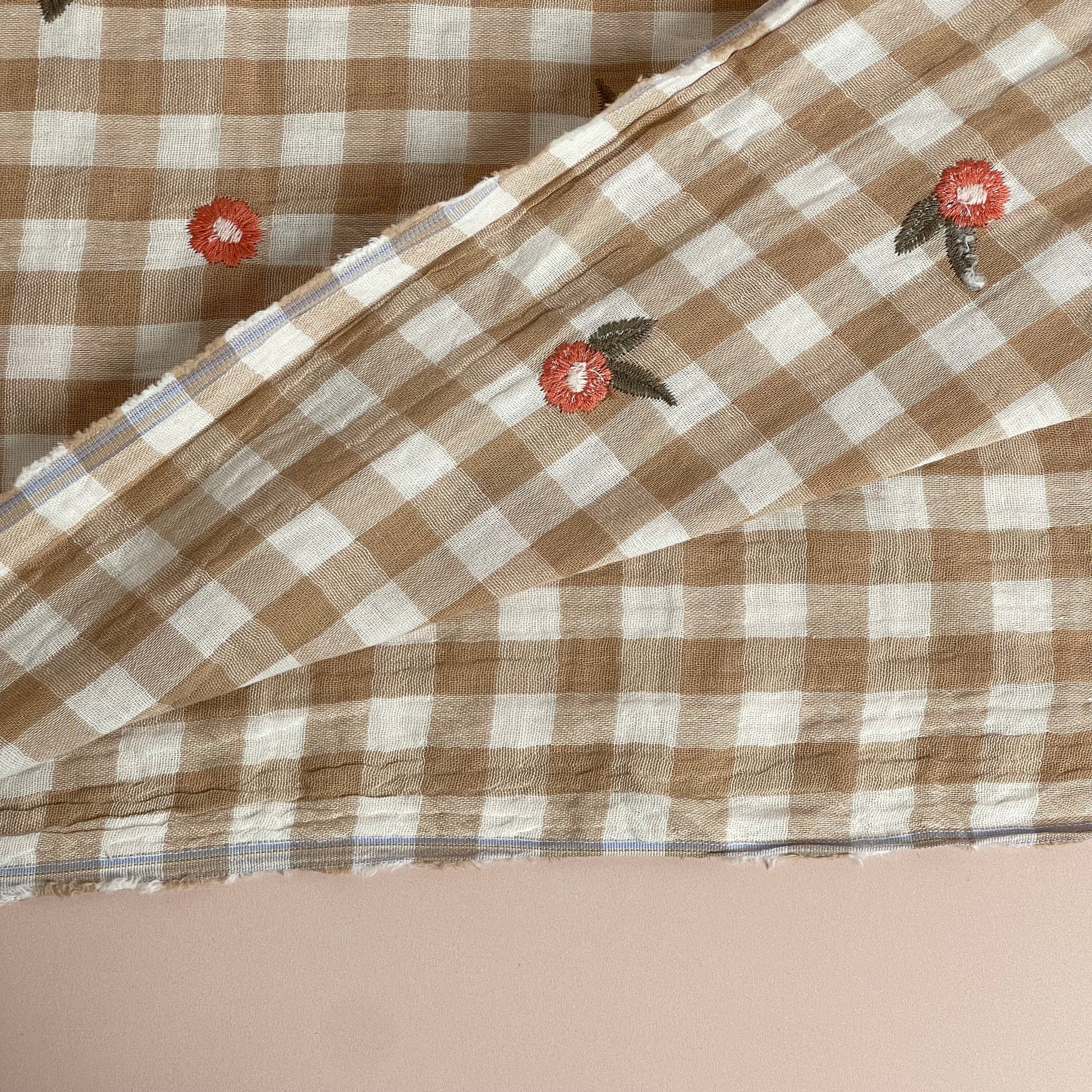 Embroidered Flowers on Beige Gingham Cotton Double Gauze – Lamazi Fabrics