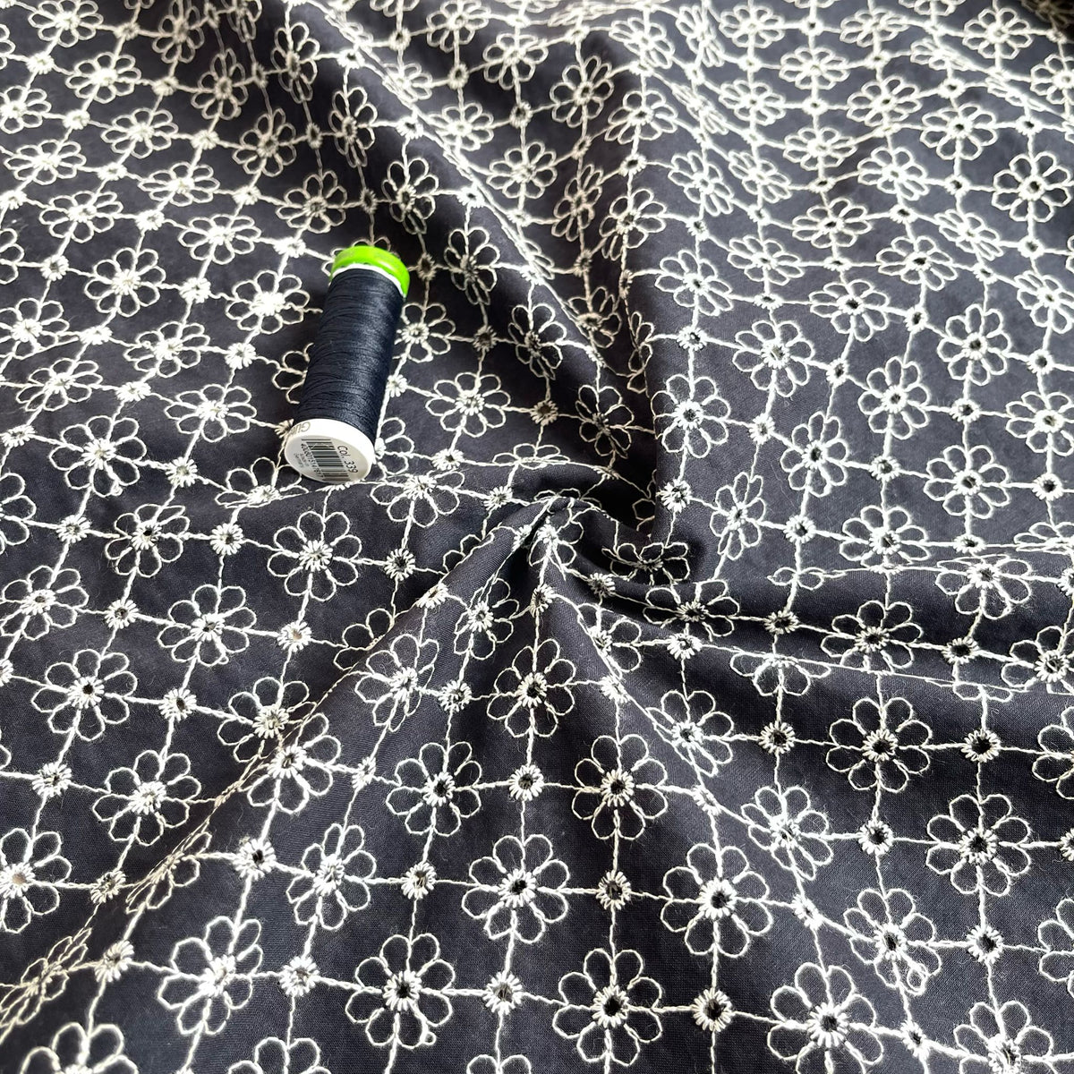 Embroidered Daisy Chain on Dark Navy Cotton Fabric – Lamazi Fabrics