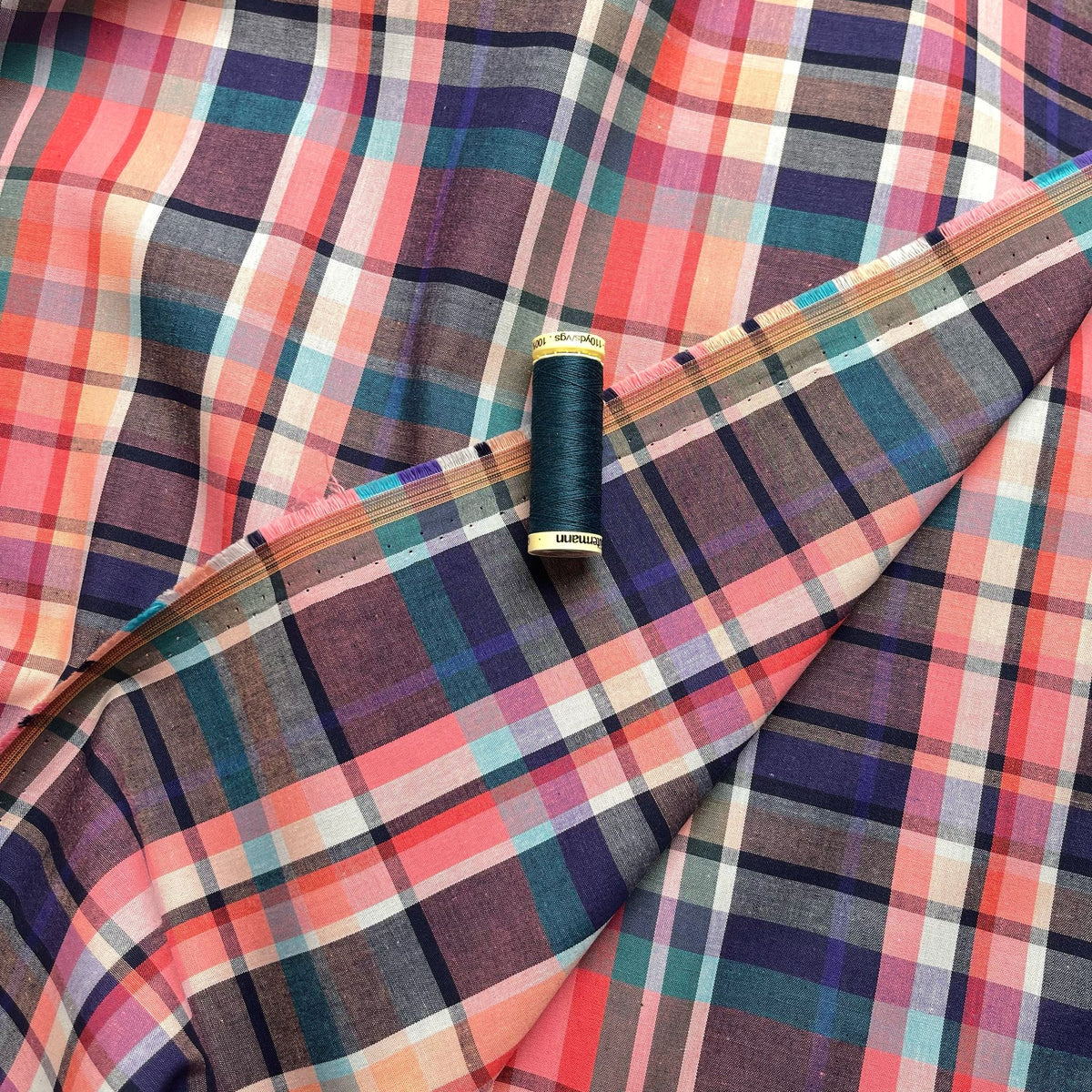 Yarn Dyed Checks in Coral and Blue Cotton Fabric – Lamazi Fabrics