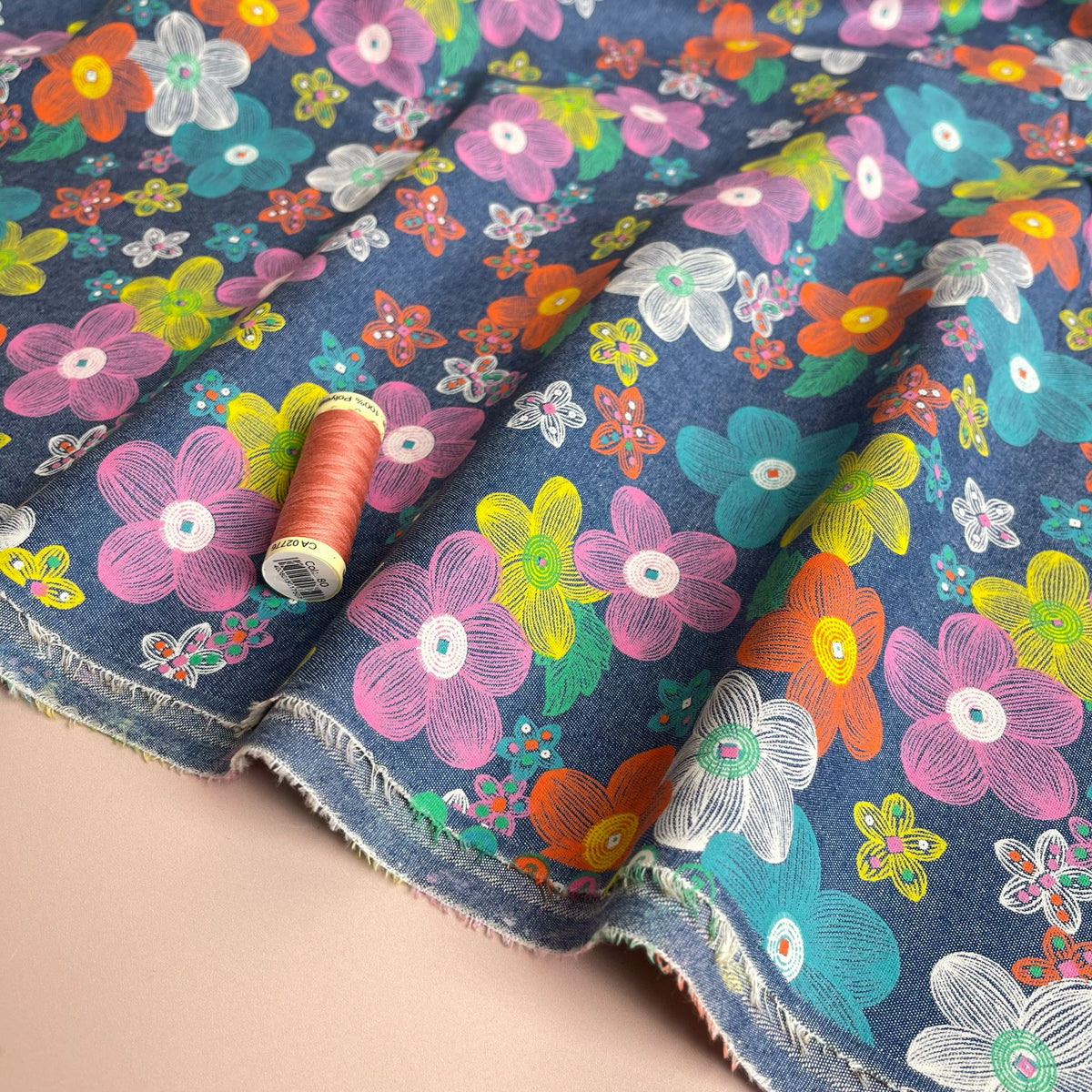 REMNANT 1.10 Metres - Spring Flowers 4.5oz Cotton Denim – Lamazi Fabrics