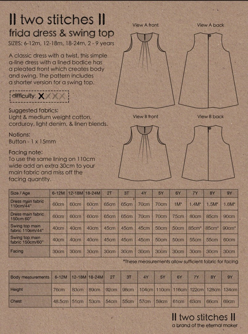 Two Stitches - Frida Dress and Swing top Sewing Pattern 6 months - 9 y ...