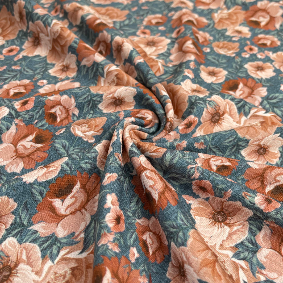 REMNANT 0.39 Metre - Watercolour Roses Sienna on Light Teal Cotton Swe ...